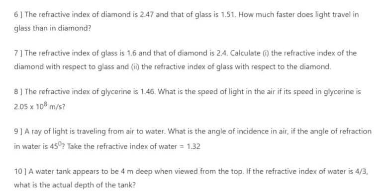 Refractive Index Numericals class 10 & practice problems